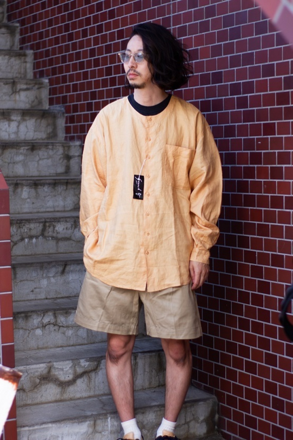 DEAD STOCK 1980's GOOUCH linen band collar shirts ocher XL | STRAW.