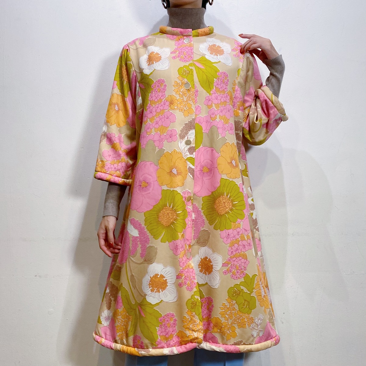70s beige flower printed dress | LEMON