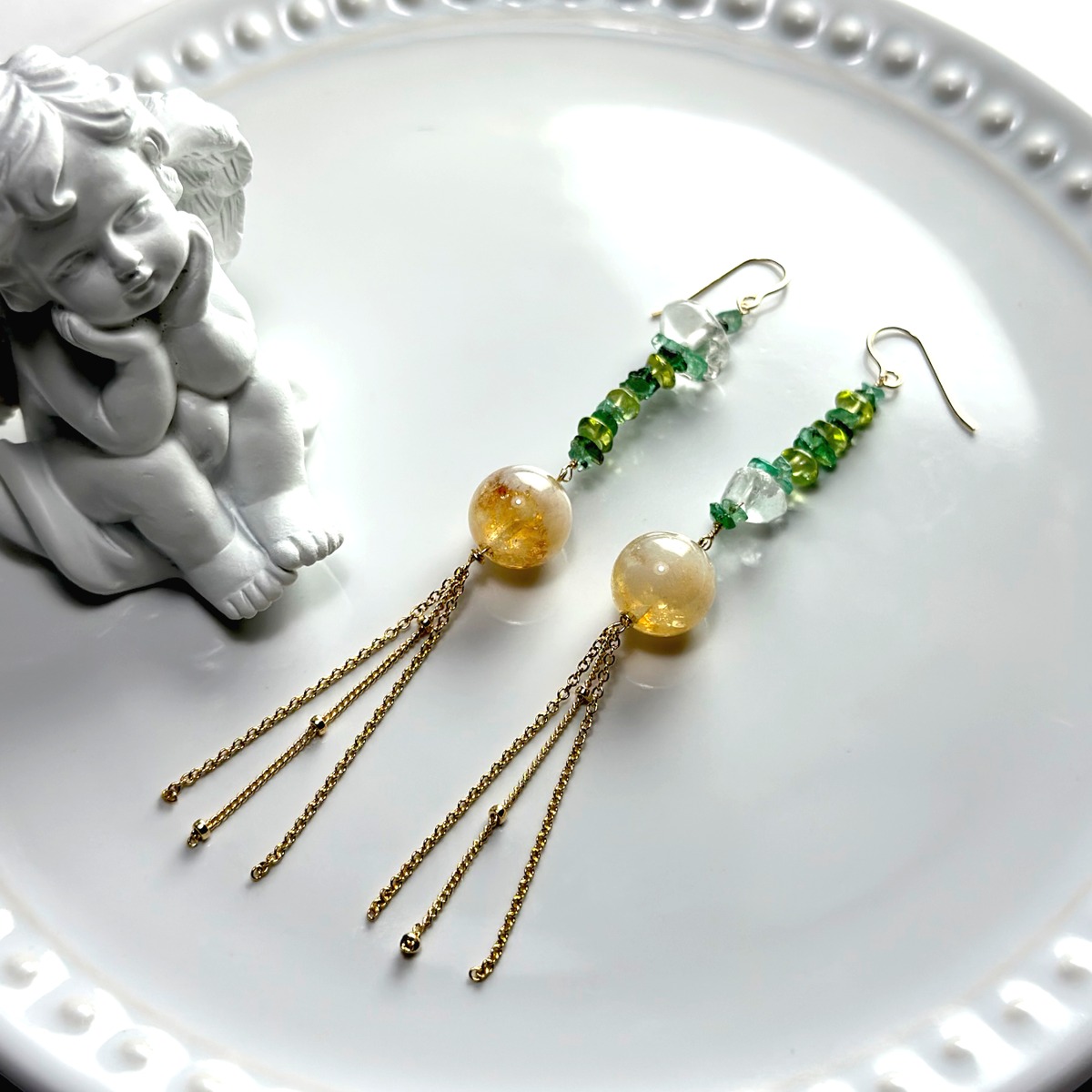 ＜14Kgfフックピアス＞エメラルド・ペリドット・クォーツ・バイカラーシトリン | komari