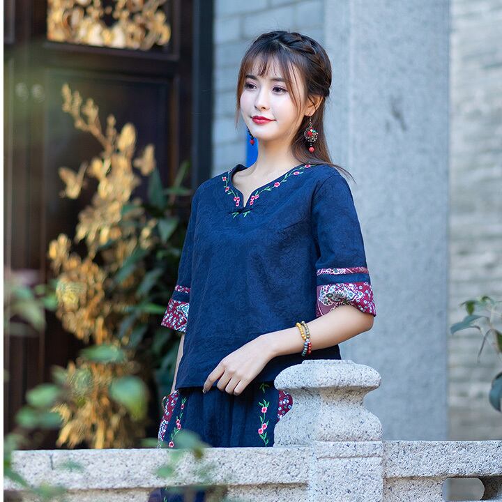 刺繍 トップス ゆったり チャイナ服 半袖 アジアンテイスト 民族 刺繍 トップス ゆったり チャイナ服 半袖 アジアンテイスト 民族