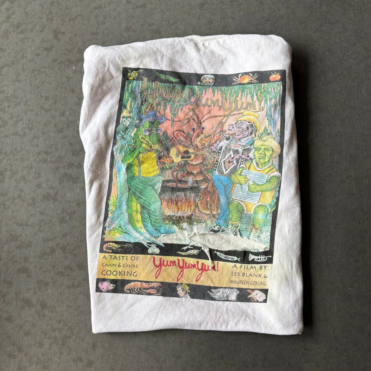 Vintage 90s "Yum,Yum,Yum" Les Blank movie T-shirt | ACROSS THE RIVER