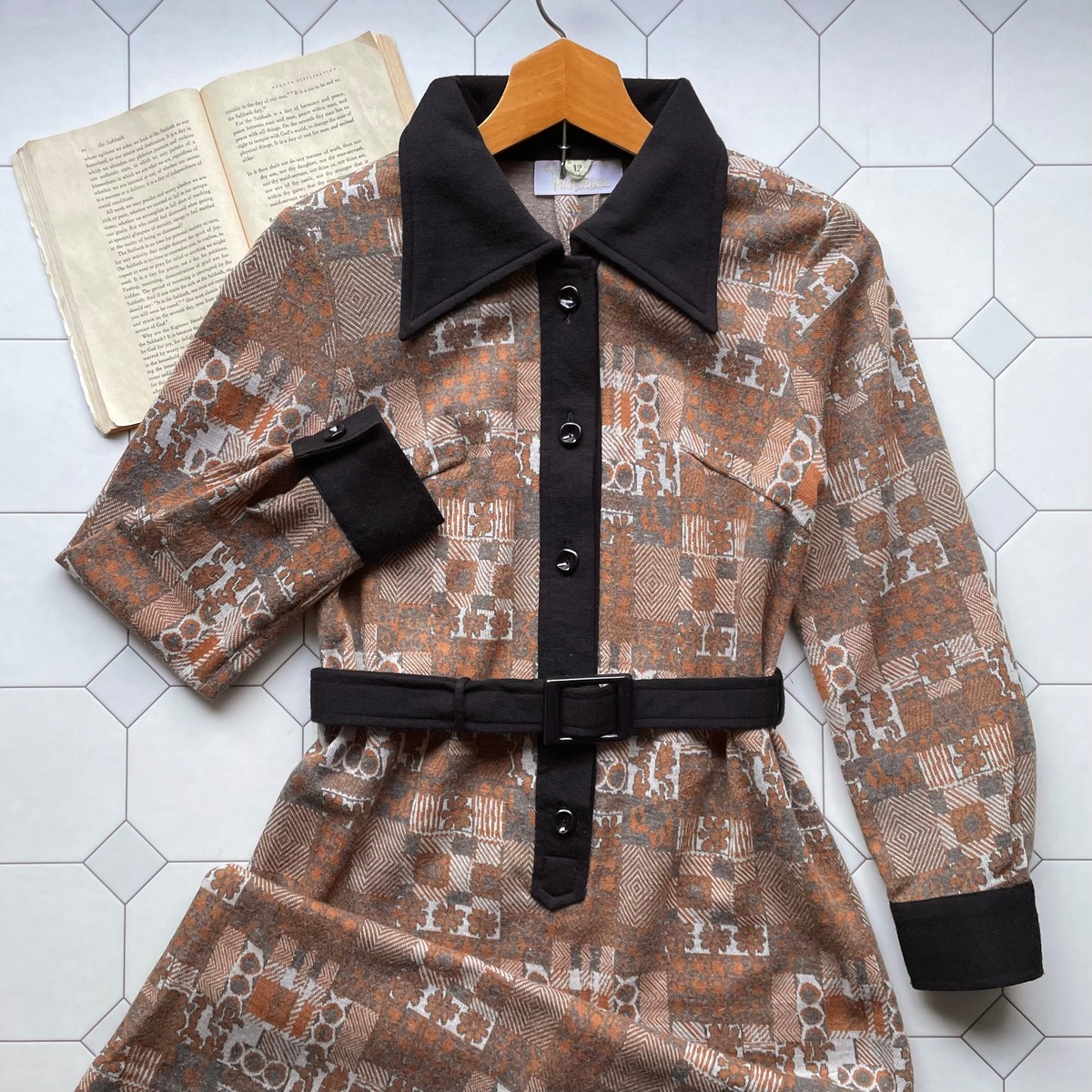 patchwork pattern bicolor knit dress〈レトロ古着 パッチワーク柄 バイカラー ニットワンピース ジャパン ...