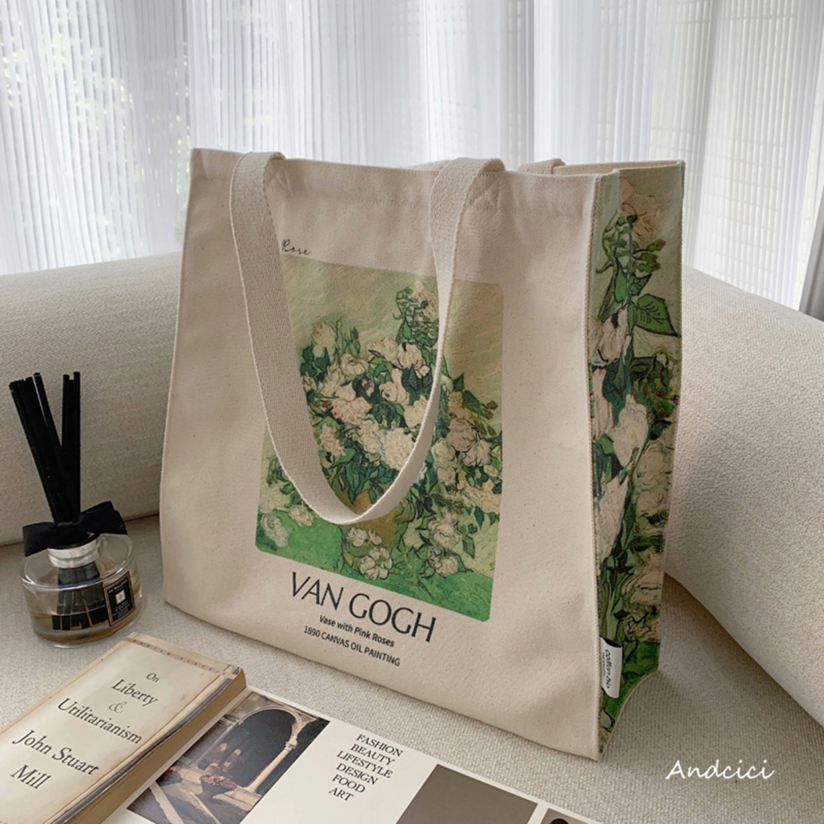 【Andciciシリーズ】★バッグ★ トートバッグ ズック 大容量 油絵風 彩 白い薔薇 緑 グリーン ベージュ 文芸スタイル | elegant