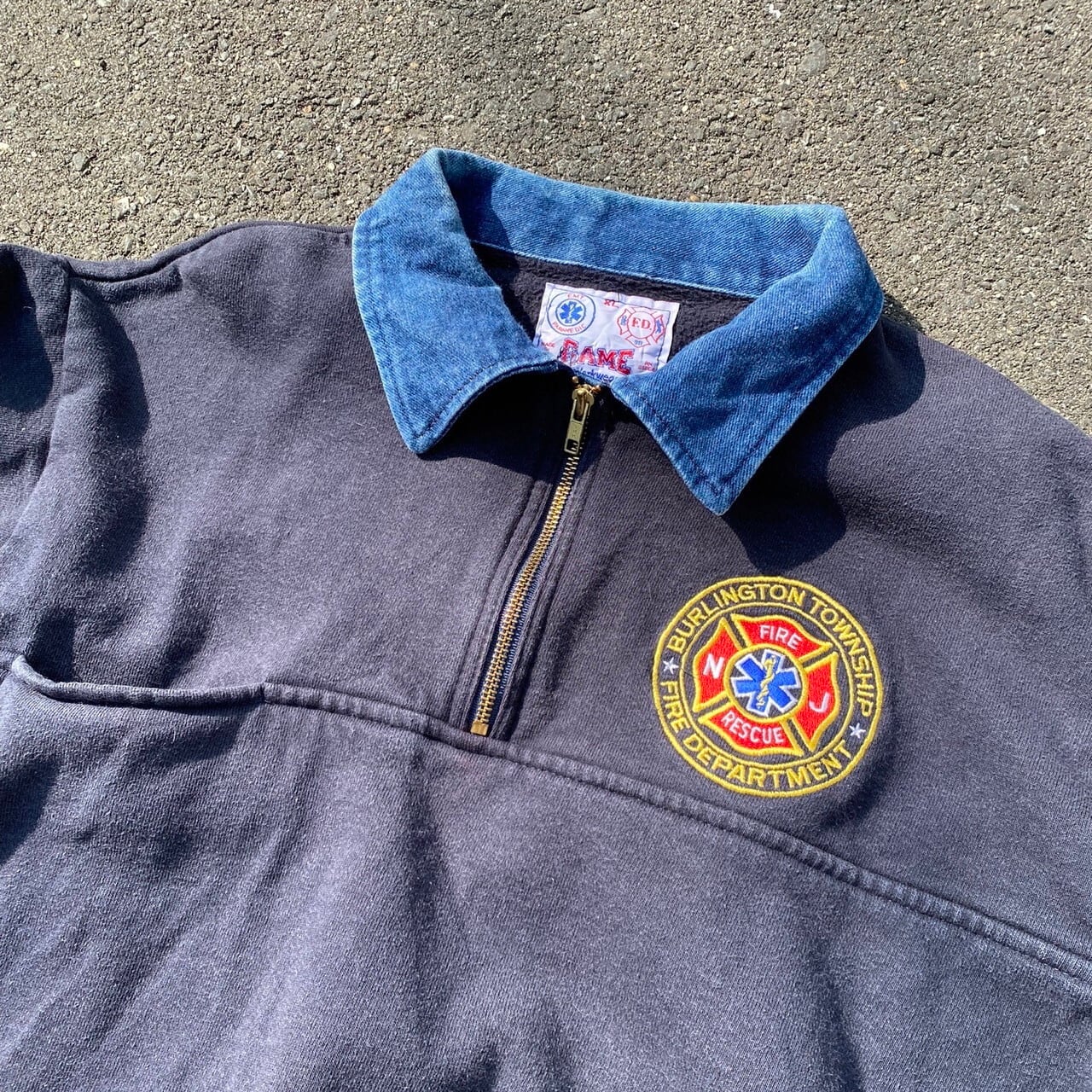 90年代 USA製 EMT PARAMEDIC ハーフジップ スウェットポロシャツ メンズXL 古着 刺繍 デニムカラー エルボーパッチ ...