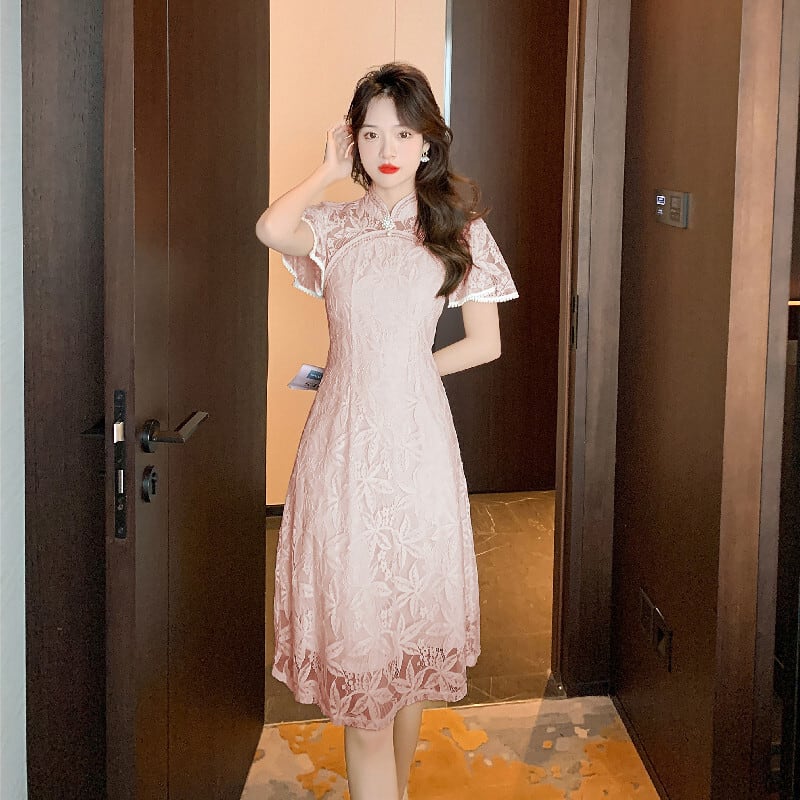 ワンピース レース チャイナ服 Aライン 気質 ベージュ ピンク ワンピース レース チャイナ服 Aライン 気質 ベージュ ピンク