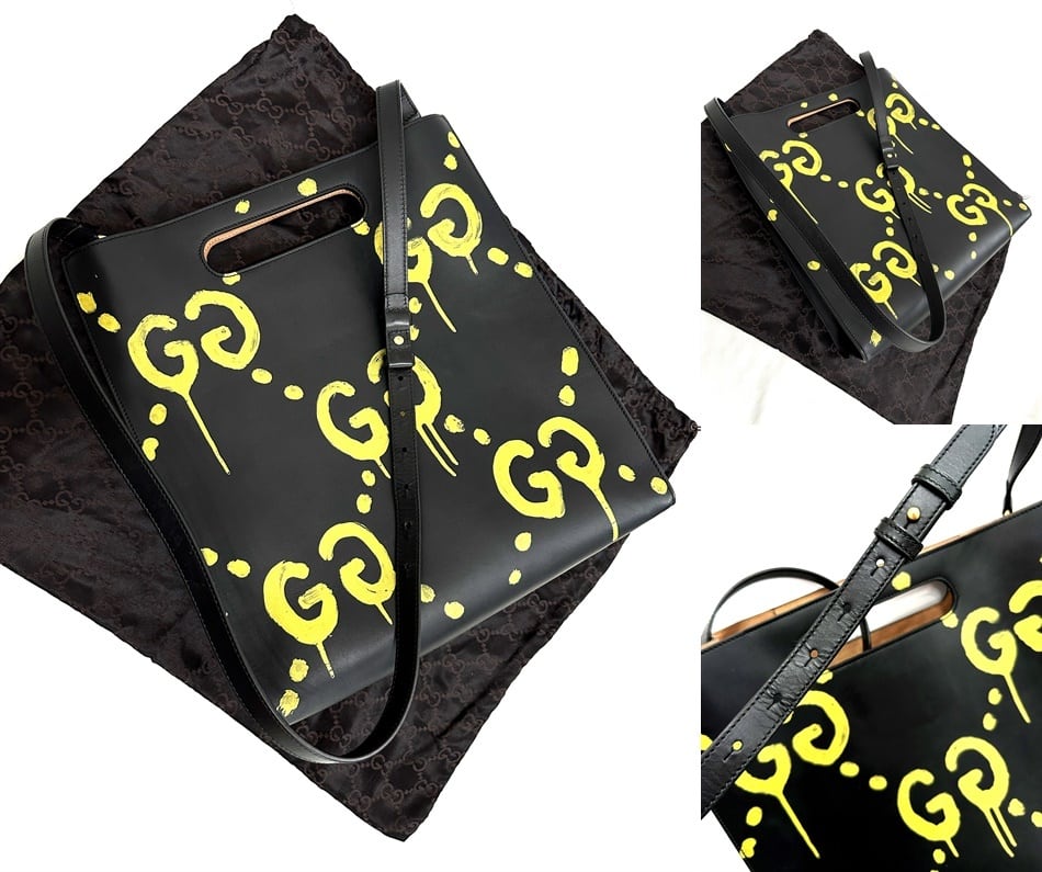 GUCCI GHOST グッチ ゴースト XL ブラック イエロー レザー 2way GUCCI GHOST グッチ ゴースト XL ブラック イエロー レザー 2way