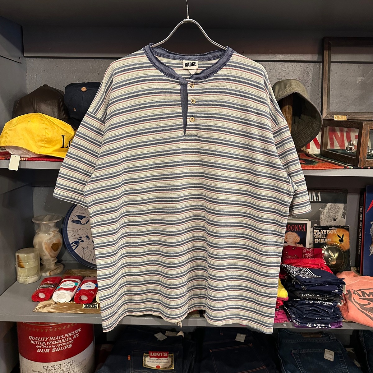 90s BADGE Henry Neck Border T-Shirt USA製 | VOSTOK