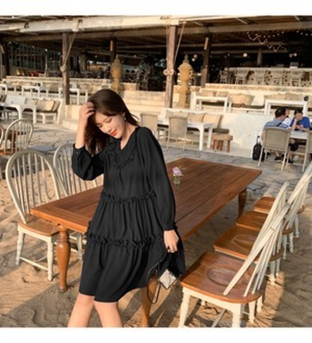 Vネック ワンピース ひざ丈 長袖 フリル ピュアカラー A169 | yoheipiano1