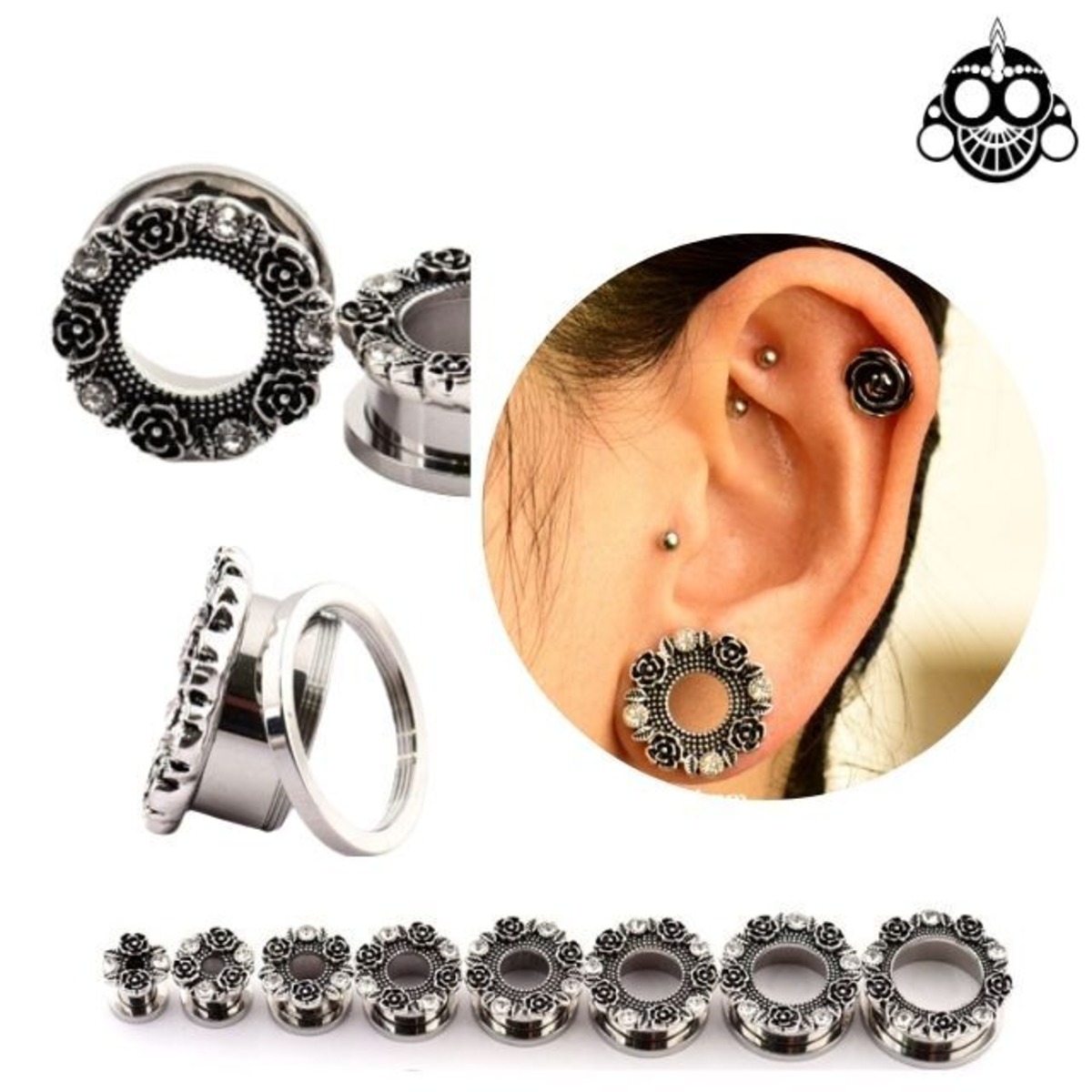 ボディピアス 2G 0G ROSE クリスタル 薔薇ピアス フレッシュトンネル ステンレスピアス 拡張ピアス フラワーピアス | BONshape ボディピアス専門店