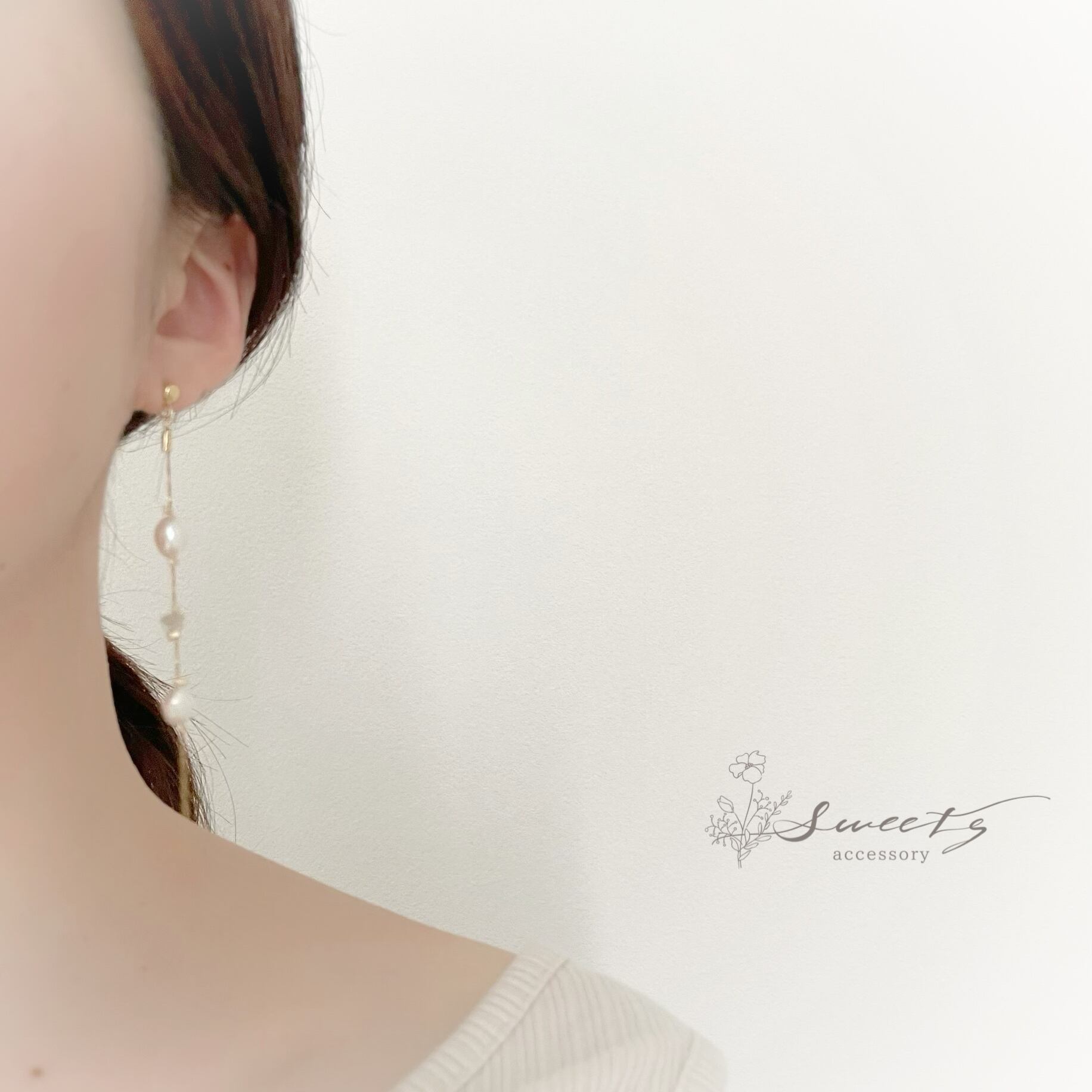 淡水パールと天然石の揺れるチェーンピアス・イヤリング | Sweets Accessory
