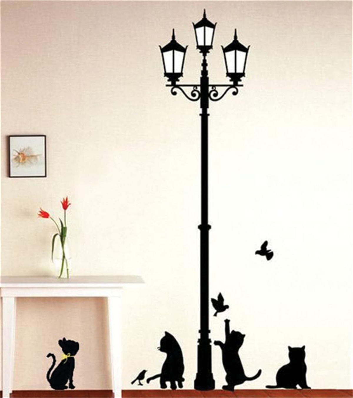 【特価商品】Condessacity ウォールステッカー おしゃれ 街灯 ブラック モノトーン 猫 ウォール ステッカー 可愛い 猫 シール 鳥を捕まえる猫 ウォールシール 壁紙シール ...