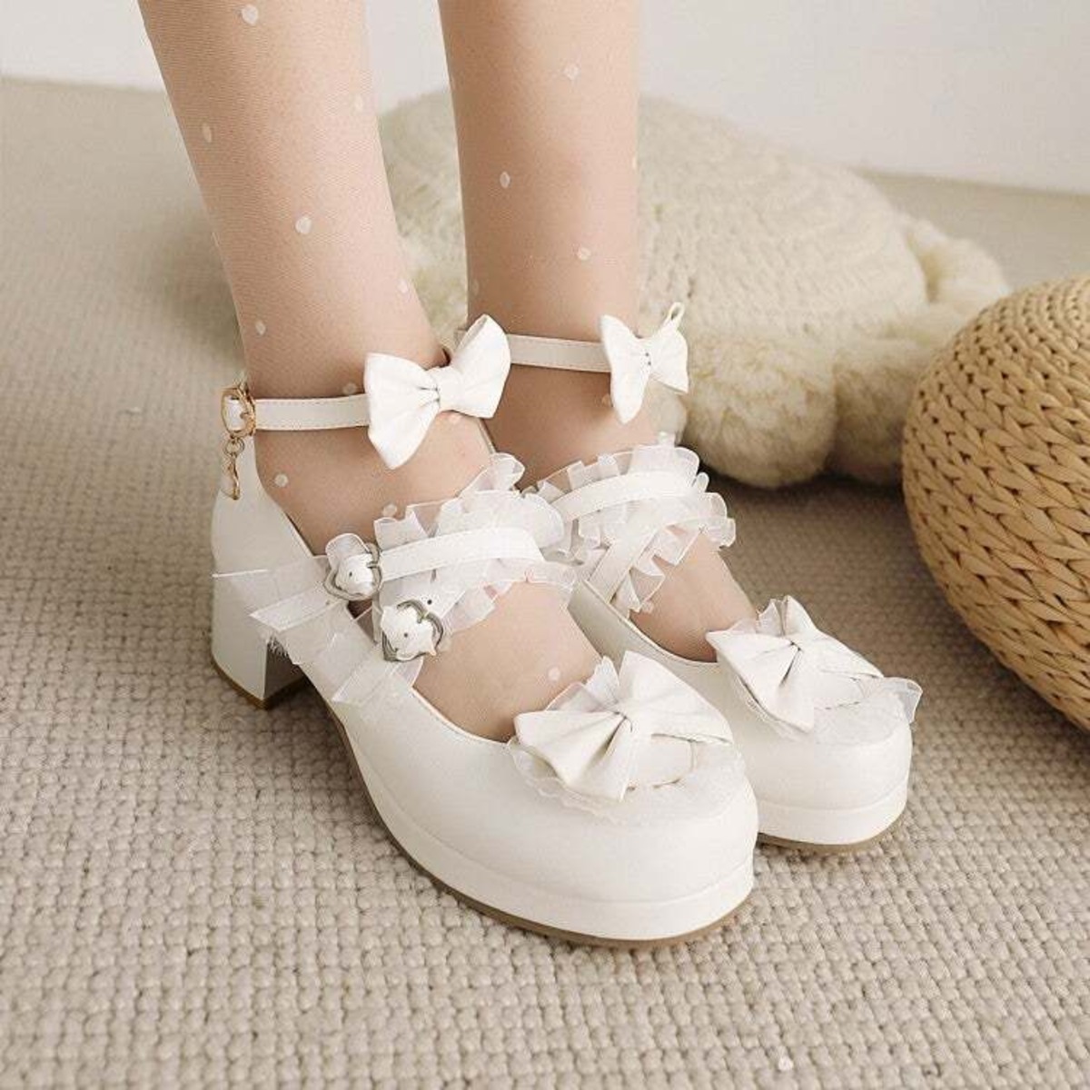 22cm～29cm 可愛いパール付き レース リボン パンプス ロリータシューズ 甘ロリ チャンキーヒール 5CM | ♡DESIDERIO♡