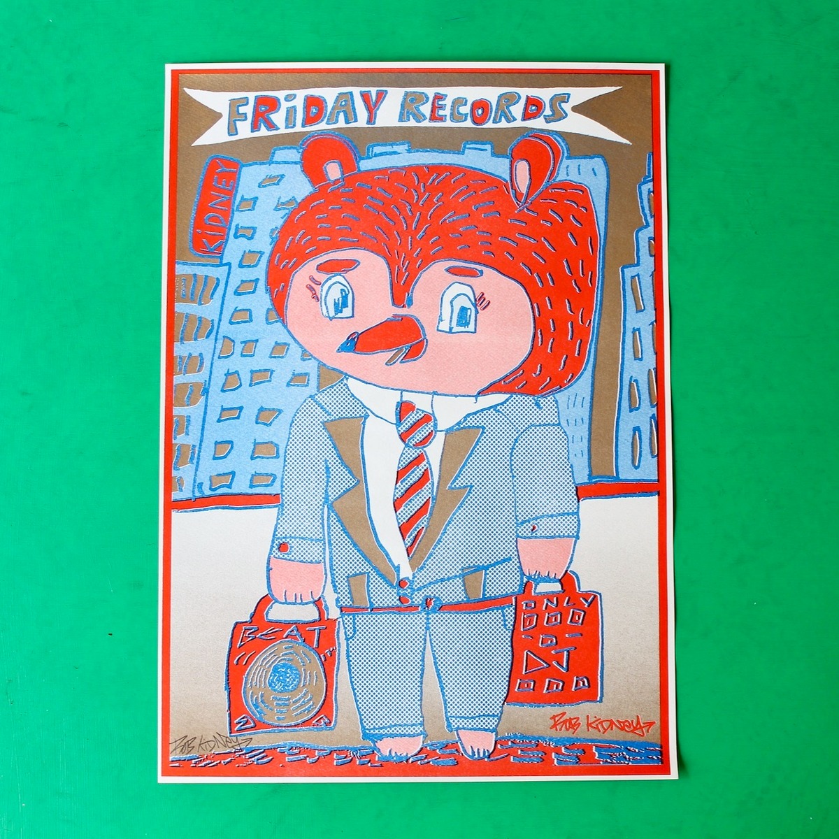 Rob Kidney／Risograph poster 'Friday Bear' RED | WISH LESS store