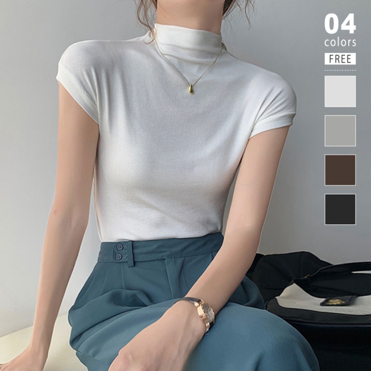 tシャツ フレンチスリーブ ハイネックカットソー レディース フレンチスリーブ カットソー 半袖 ハイネック トップス インナー 綿 コットン 綿混 クロップド丈 セクシー オフィス オフィス ...