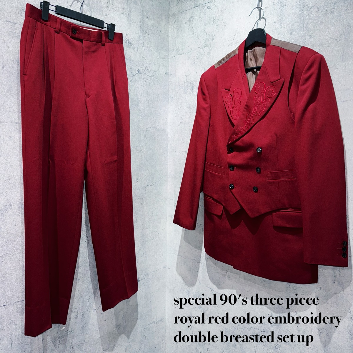 special 90's three piece royal red color embroidery double breasted set ...