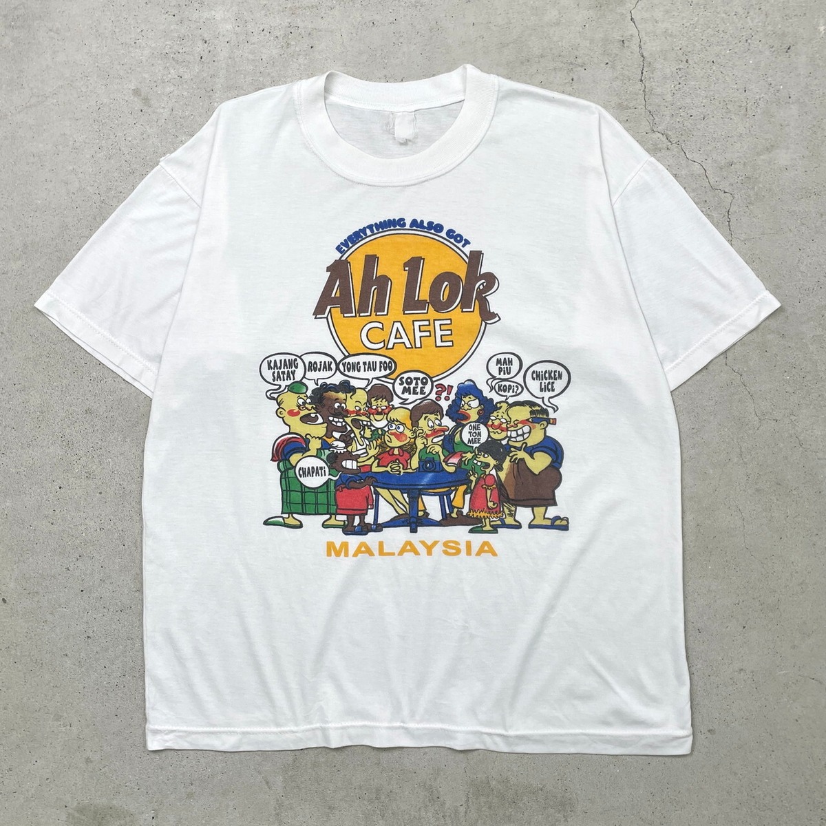 Ah Lok CAFE MALAYSIA アート キャラクタープリントTシャツ 染み込みプリント メンズL相当 古着 VINTAGE ...