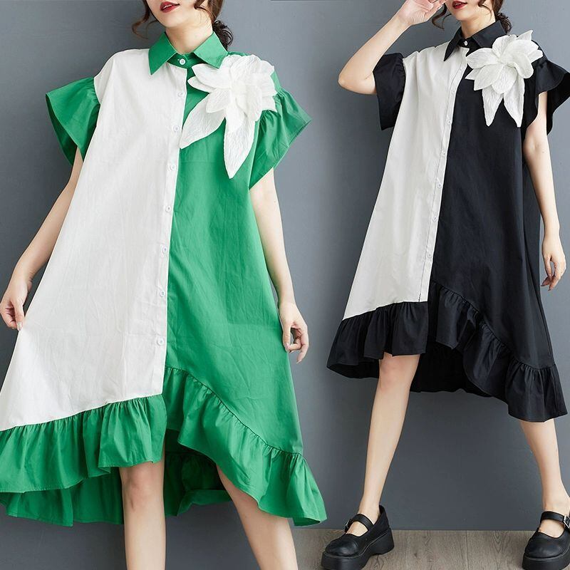 CONTRAST 3D FLOWER FRILLED FRENCH SLEE ES A-LINE MIDI SHIRT DRESS ...