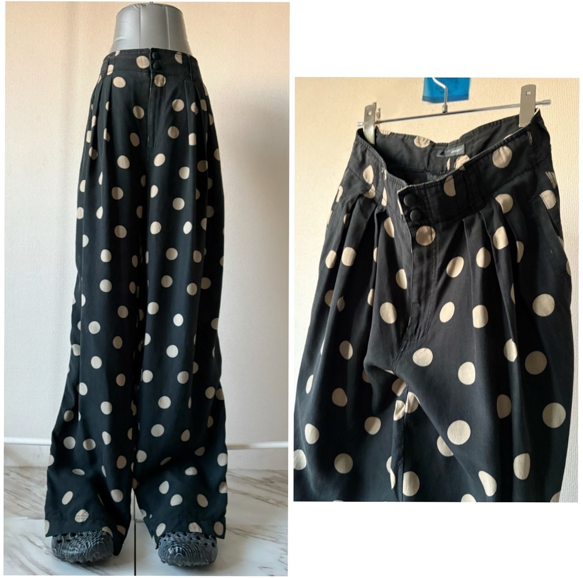 90s dot design rayon 100% black beige 3-tuck wide slacks | protocol