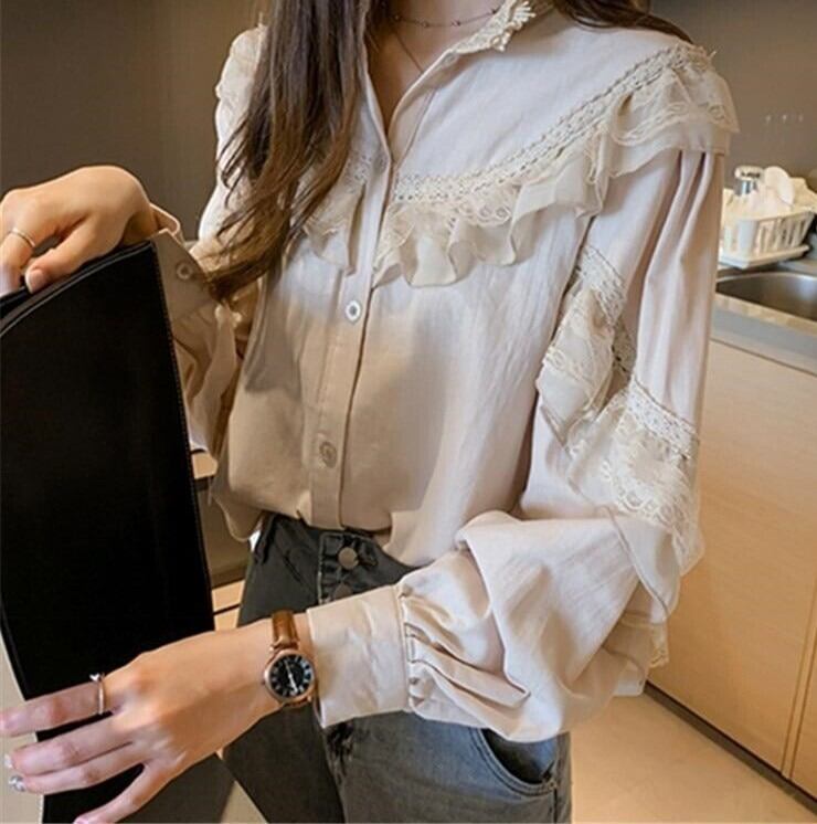 トップス ブラウス レースシャツ 袖あり 長袖 ボリューム袖 Uネック
