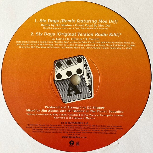 【Used / 12"】 DJ SHADOW / Six Days | AgriTribeMusic - NEW / Used Records ...