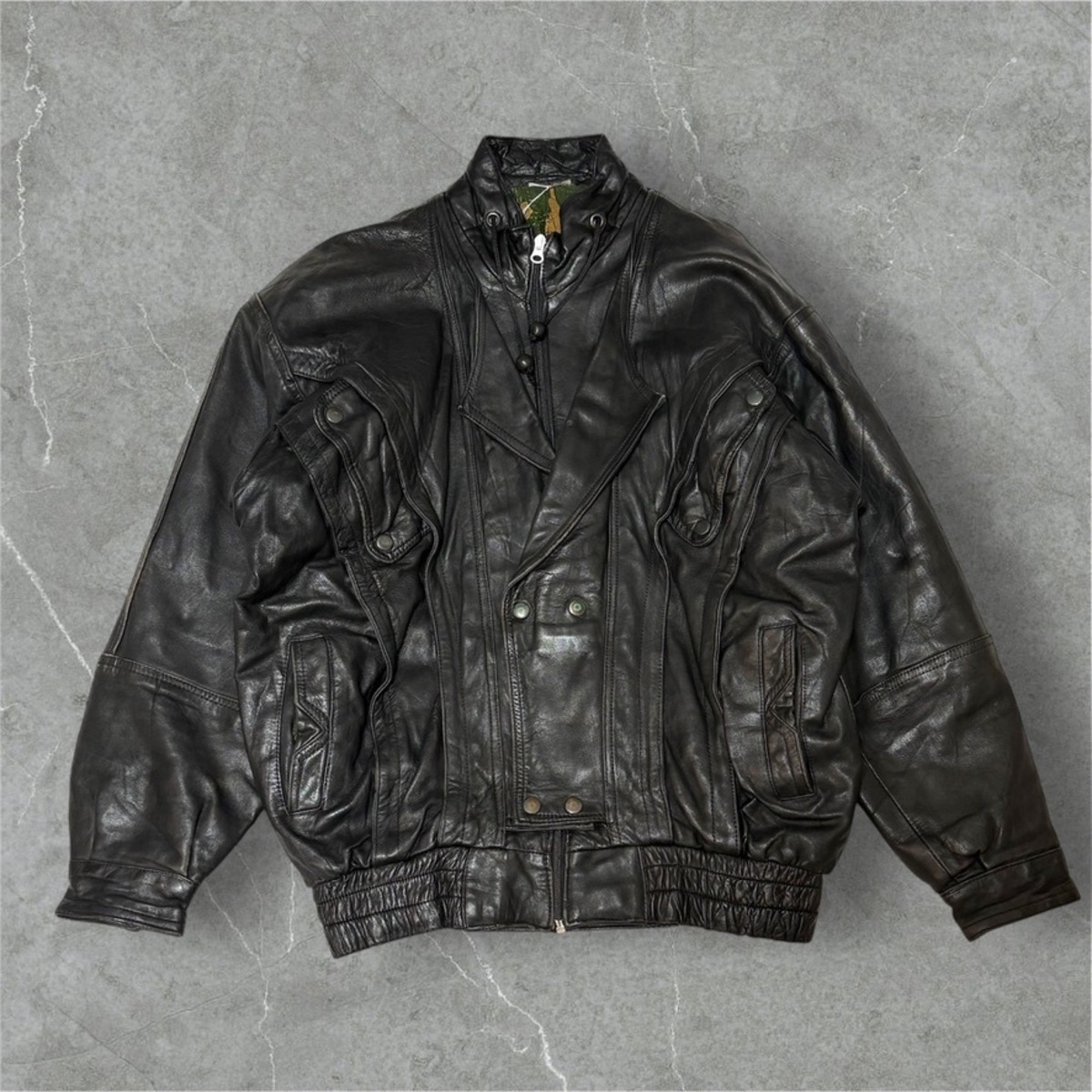 Black mulch pattern lining double breasted leather jacket | 古着屋17 seventeen
