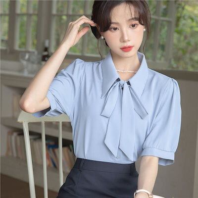 【2枚購入で 2oo円OFF!】 メガ割 2025夏 新作 ブルー 半袖 大人可愛いトップス 夏用 薄手 体型カバー リボンブラウス 面接 フォーマルブラウス シフォンブラウス | Pay ID