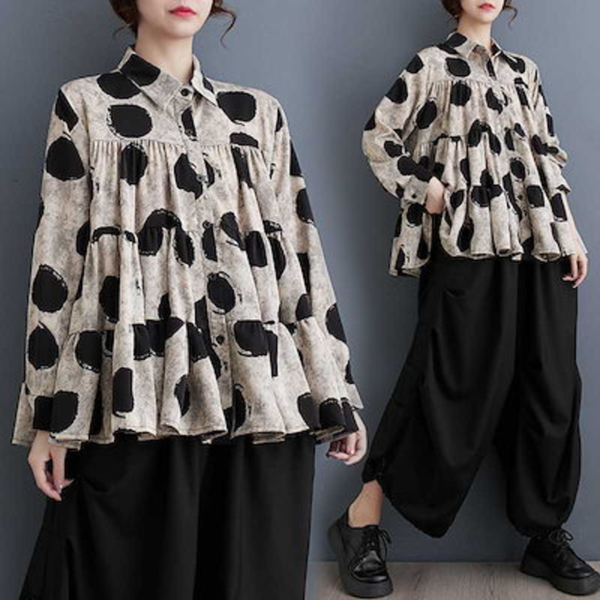 「ファットガール」 春 水玉 ブラウス ボリューム感 ゆったり 大きいサイズ ふわふわ レディース シャツ | gizshop