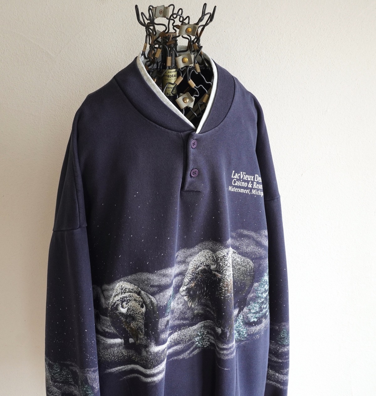 1990's USA製 [ART UNLIMITED SPORTSWEAR] バイソン&雪原 両面/両袖プリント ポケット付き ヘンリーネック ...