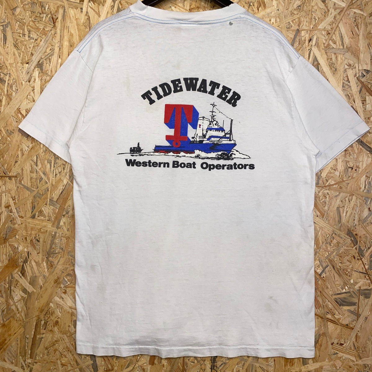 2208 90s 90年代 USA製 プリント Tシャツ Tidewater 船 ポケット ボート ホワイト 白 シングルステッチ anvil 古着 メンズ vintage | STICKOUT3