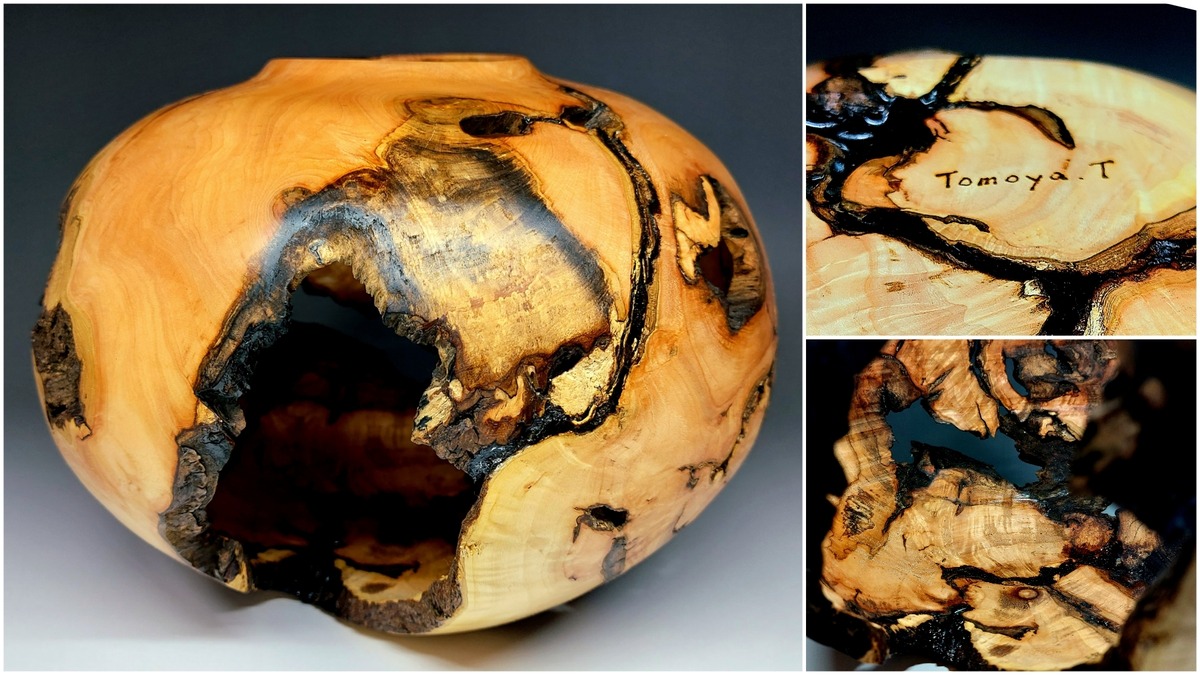 【YamabikoWoodArt 】 特大 穴あきの壺 一点物 木製 メープル 制作動画有り | Yamabiko Wood Art