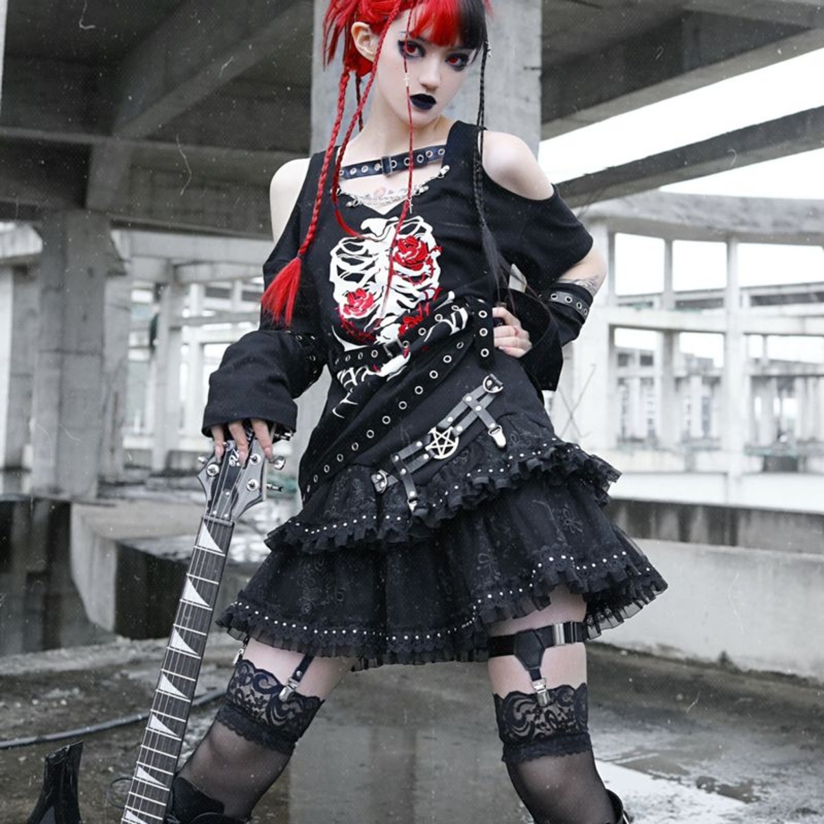 ゴスロリ通販 With U ゴシック ロリィタ BLOOD スカート レース 2段 チュール ラインストーン ベルト チェーン パンク ロック ...