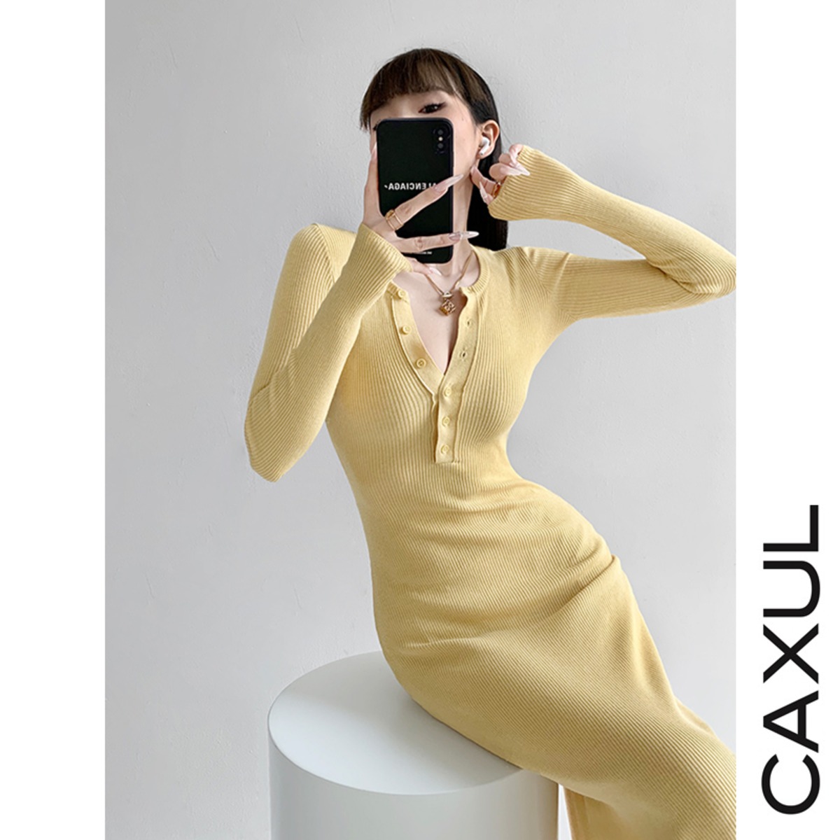 ピットストライプ ヘンリーネックワンピ/3color | Caxul