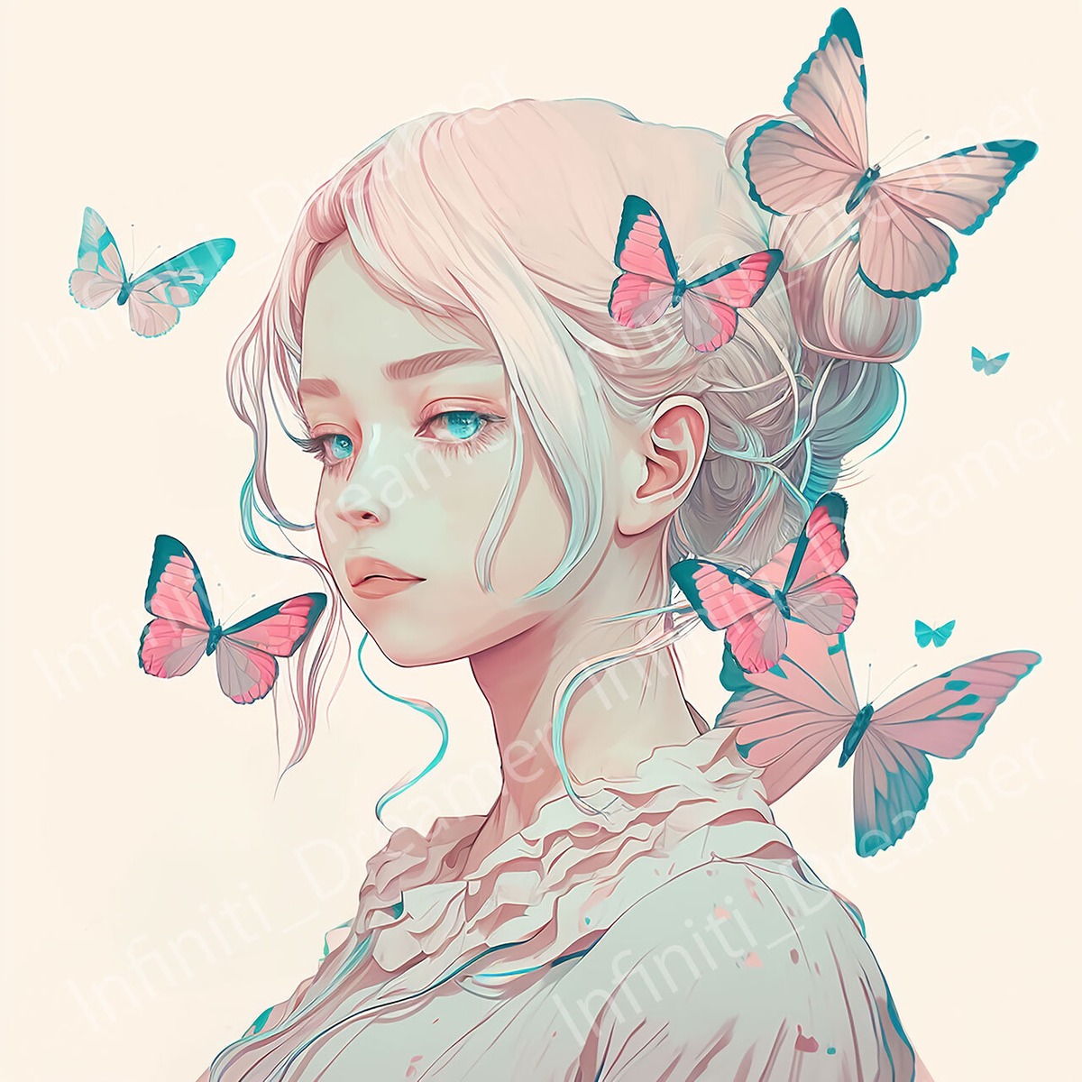 女性と蝶々 パステルカラー イラストアート SNSアイコン（デジタルコンテンツ ダウンロード販売） | Mama's Hands