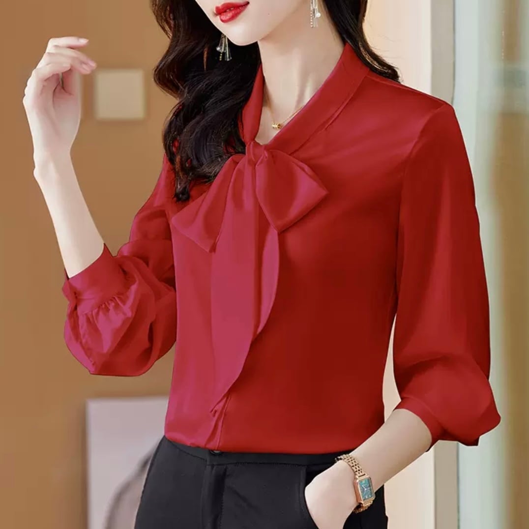 ドット柄 リボン ボウタイ ブラウス トップス シャツ 袖あり 長袖 V