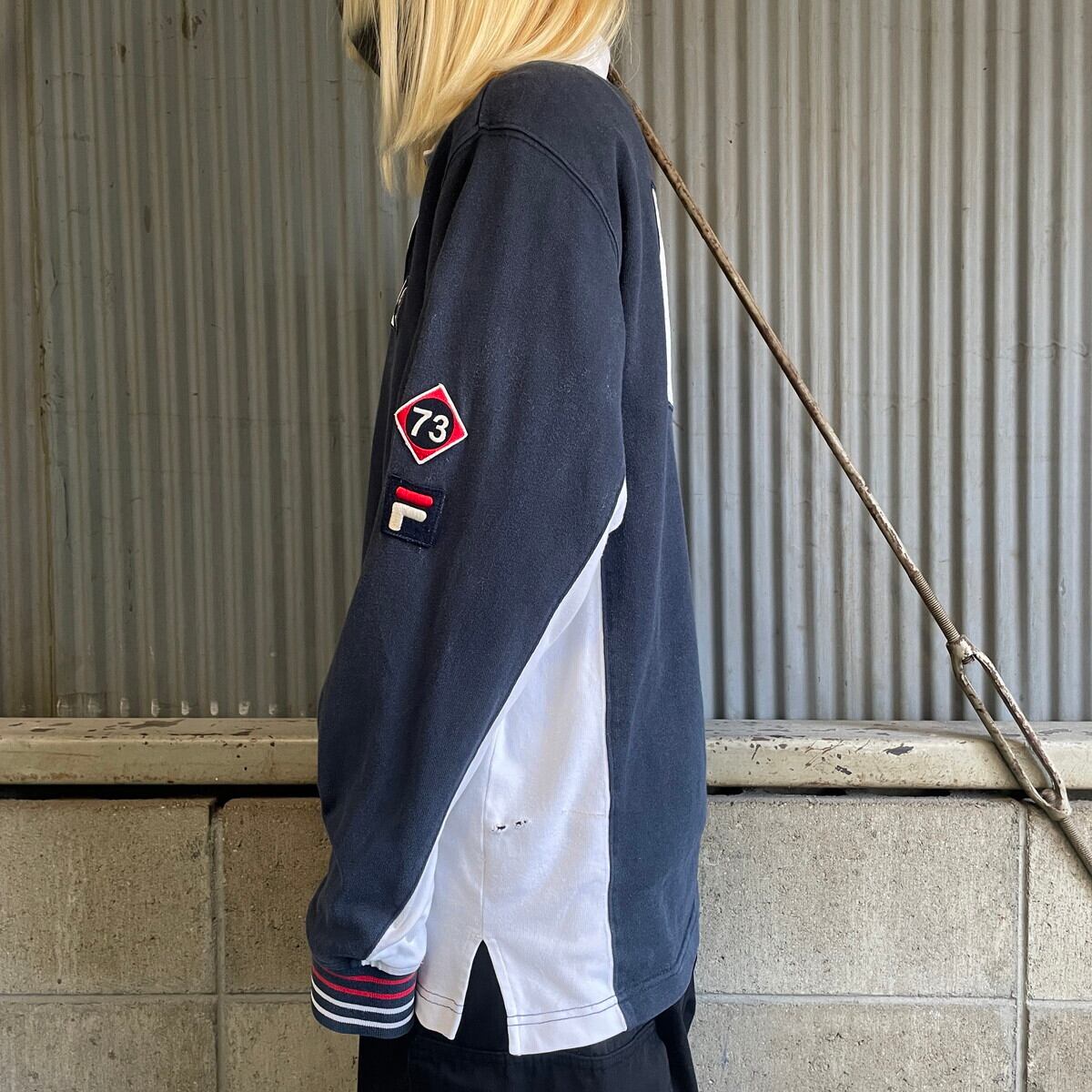 FILA フィラ ロゴ ワッペン ラガーシャツ メンズL 古着 ネイビー 紺 ホワイト 白 レッド 赤【長袖シャツ】【4S-50 ...