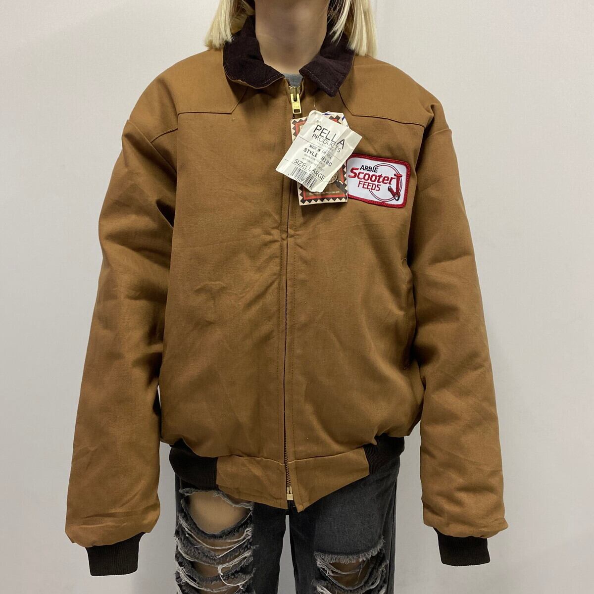 デッドストック 未使用品 USA製 PELLA ダック地 ワークジャケット メンズL 古着 タグ付き チェックライナー 企業ロゴワッペン ...