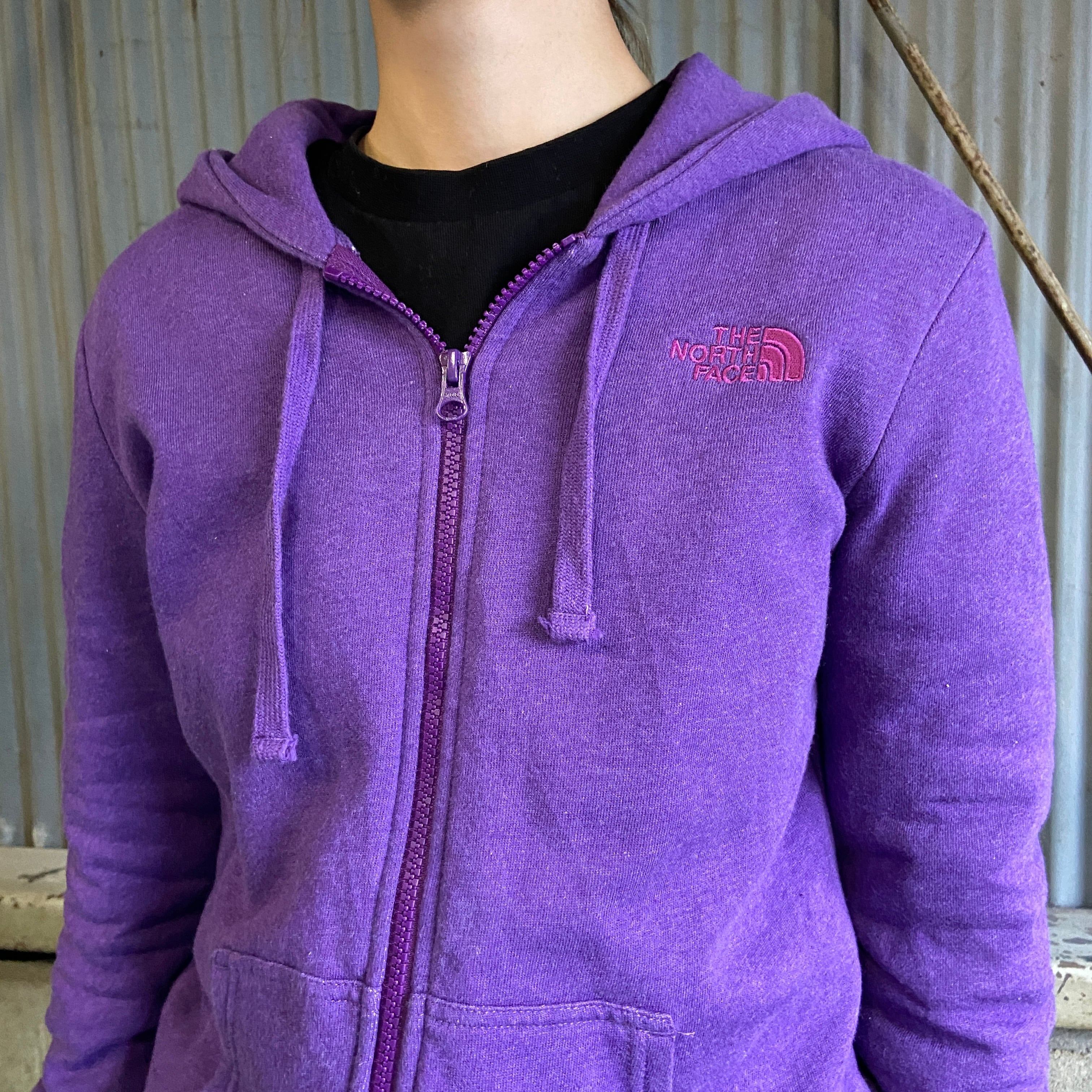 THE NORTH FACE ザ ノースフェイス フルジップ スウェットパーカー レディースS 古着 ロゴプリント フーディー パープル 紫 ...