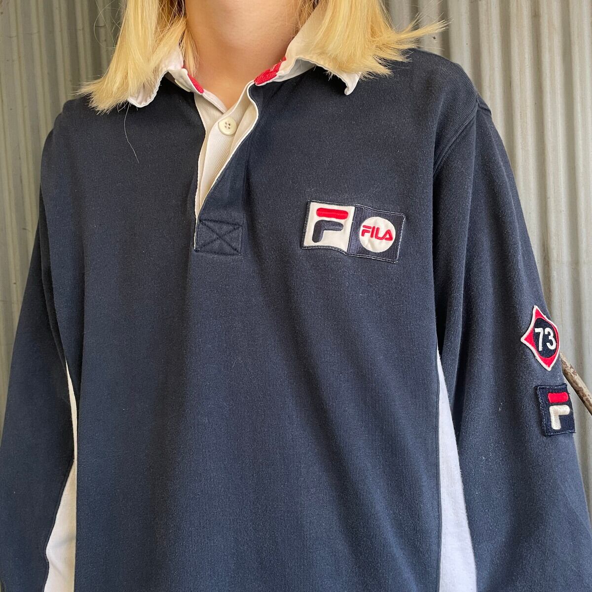 FILA フィラ ロゴ ワッペン ラガーシャツ メンズL 古着 ネイビー 紺 ホワイト 白 レッド 赤【長袖シャツ】【4S-50 ...