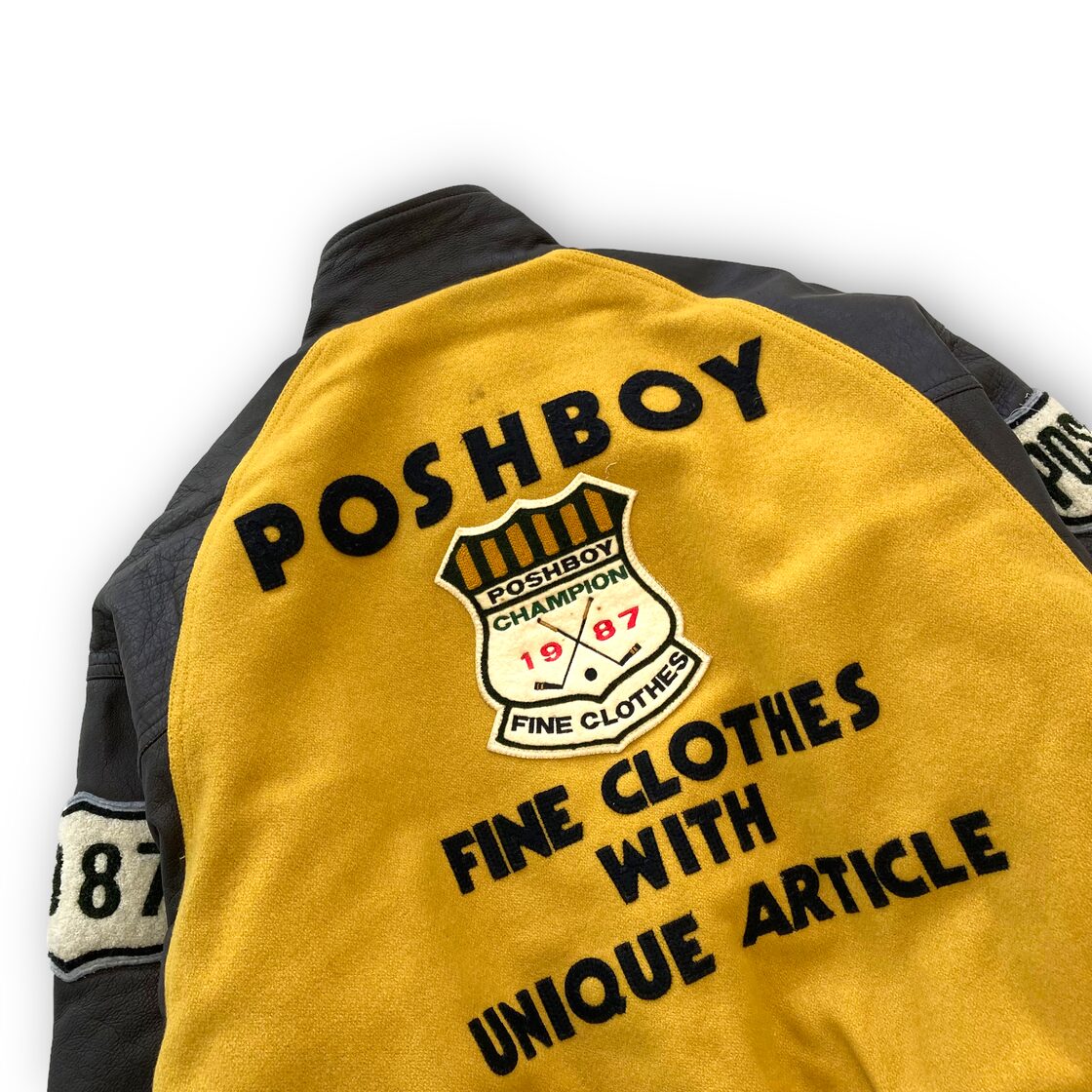 【POSH BOY】90s ポッシュボーイ バーシティジャケット 袖レザースタジャン 90年代 ヴィンテージ古着 刺繍ワッペン 袖牛革 ...
