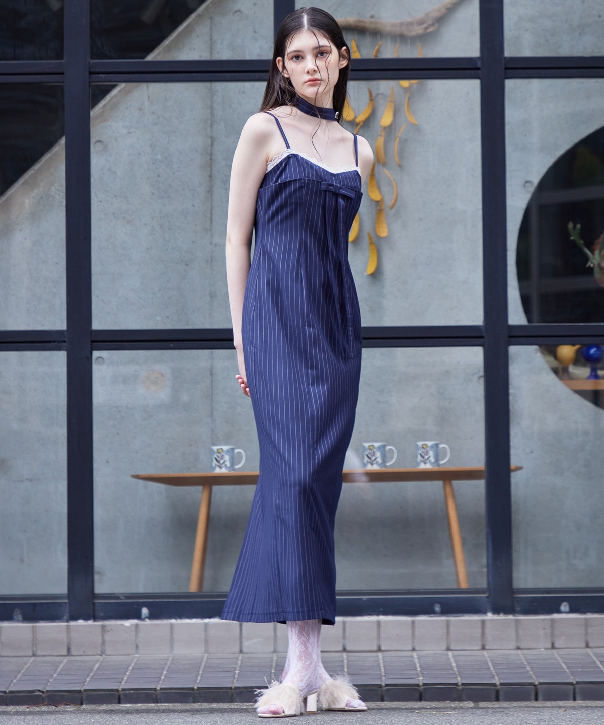Stripe ribbon tight dress【navy】125015 | être loin