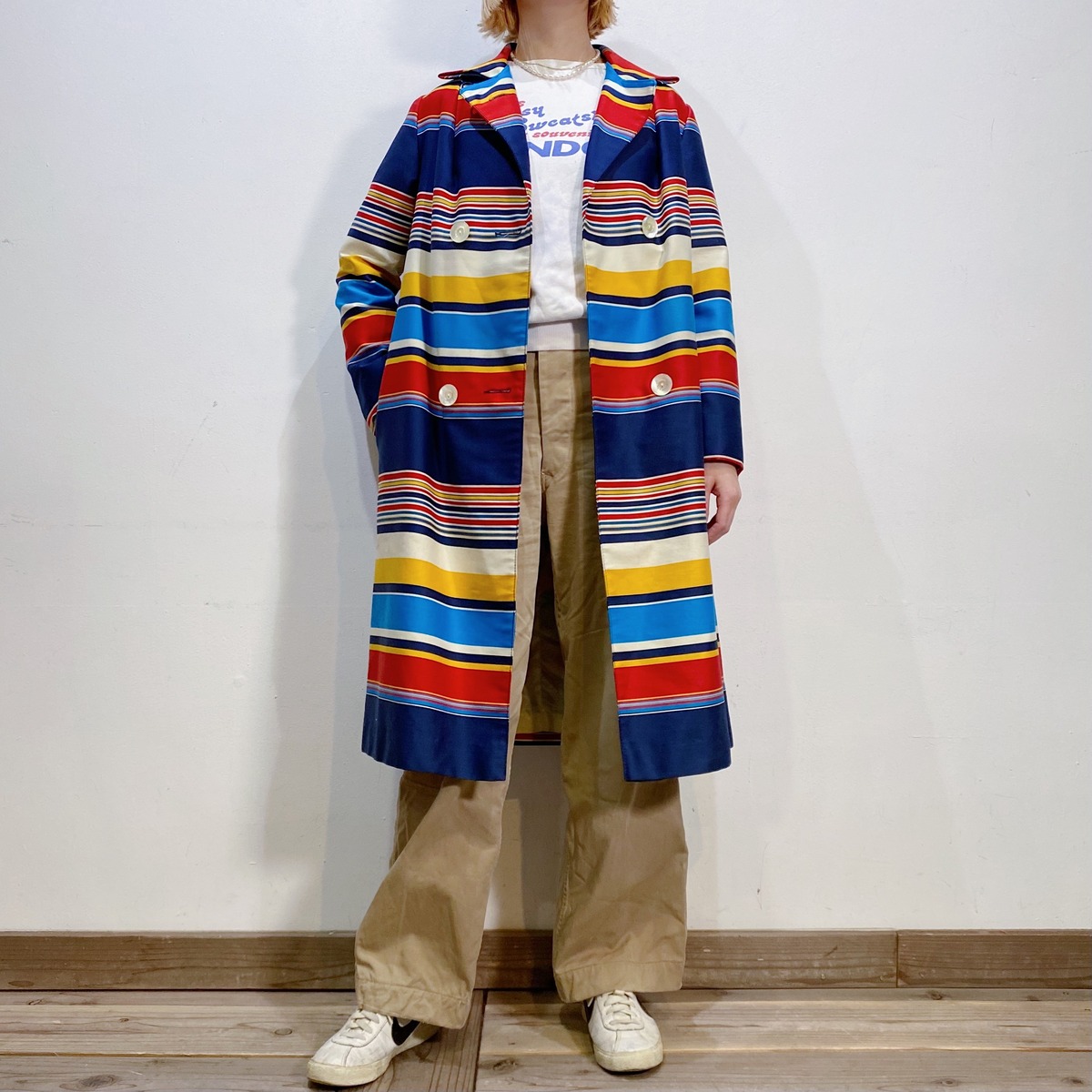 1960s red and blue stripe spring long coat | LEMON