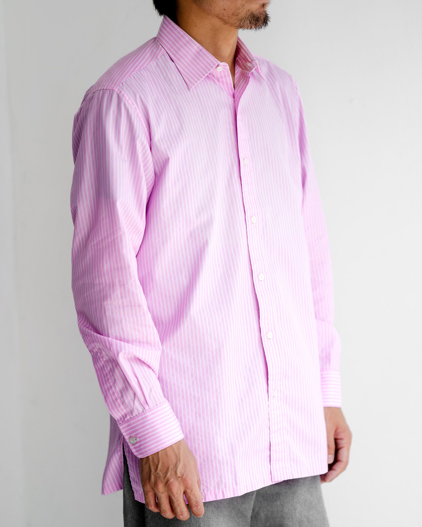 [80's~] "Charvet" Pink Stripe Single Cuffs Regular Collar Shirt ...