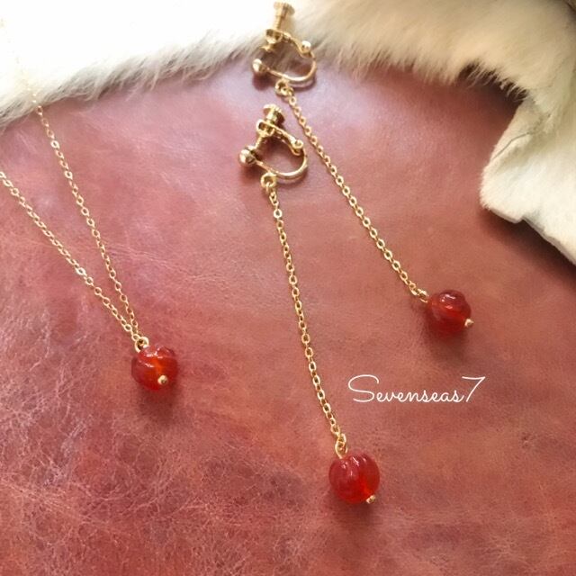 セット★天然石・薔薇のカーネリアンロングイヤリング・14kgfピアス・ネックレスセット | Pay ID