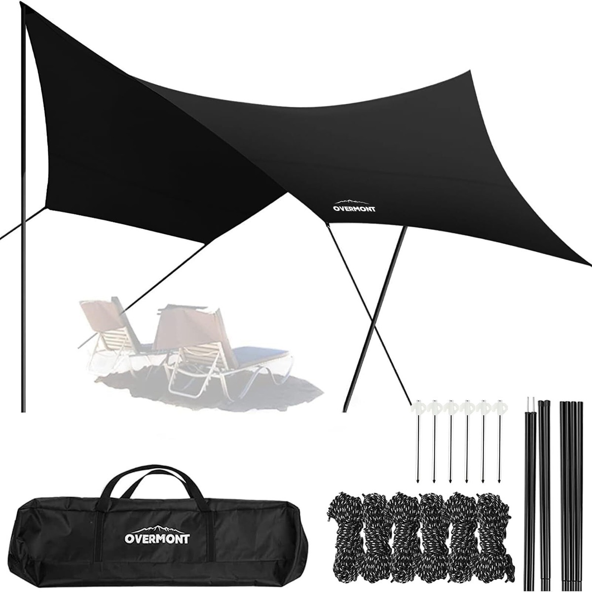 Overmont 防水タープ 5mx5m ヘキサタープ ポール付き いつかのタープ 3000mm耐水圧 大型 難燃 焚き火可 テントとの取り組み可能 UV加工済 遮熱 遮光 キャンプ用品 ...