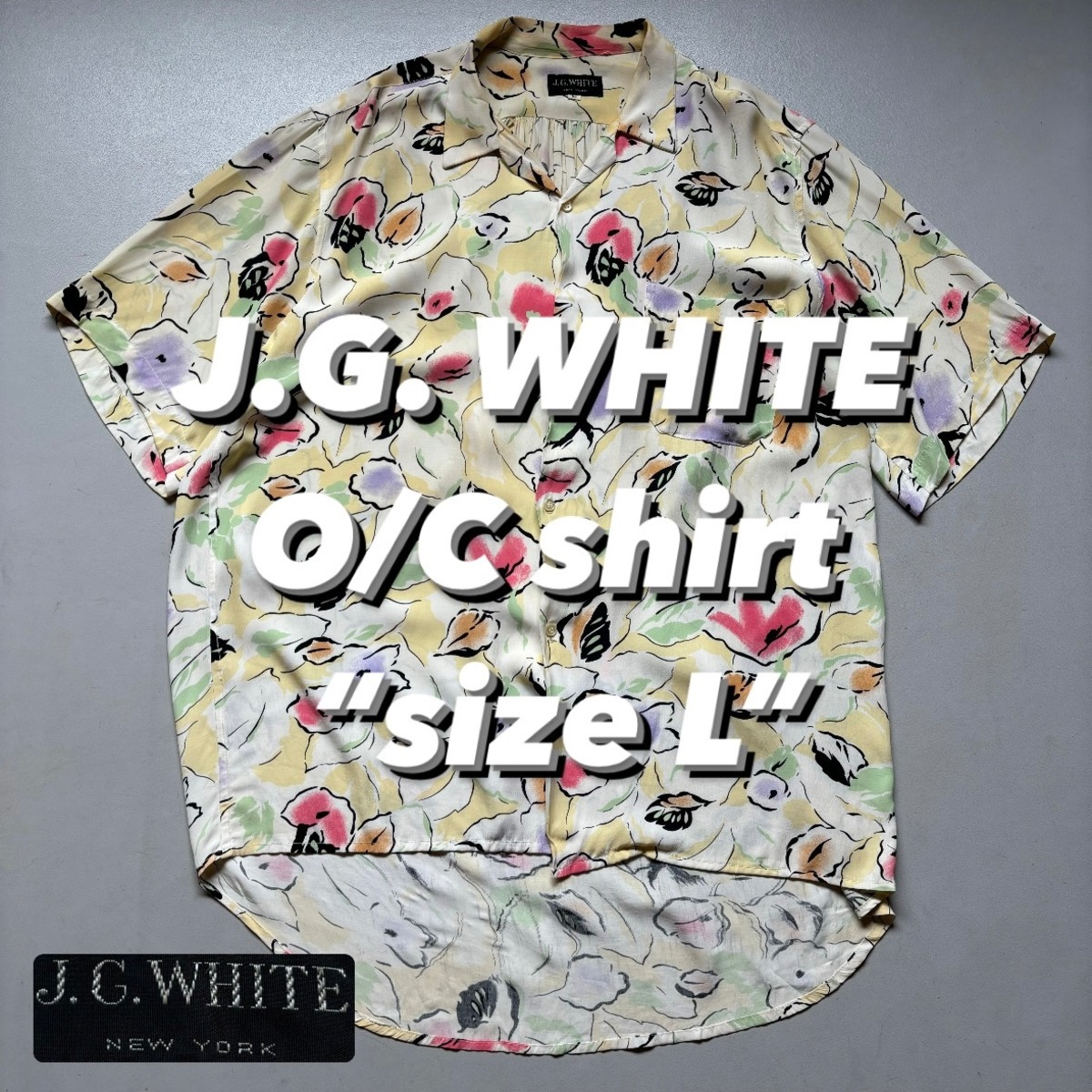 J.G. WHITE O/C shirt “size L” 開襟シャツ オープンカラー 特殊シルエット 総柄 花柄 フラワーパターン フラワーアート | bdotstuff2021