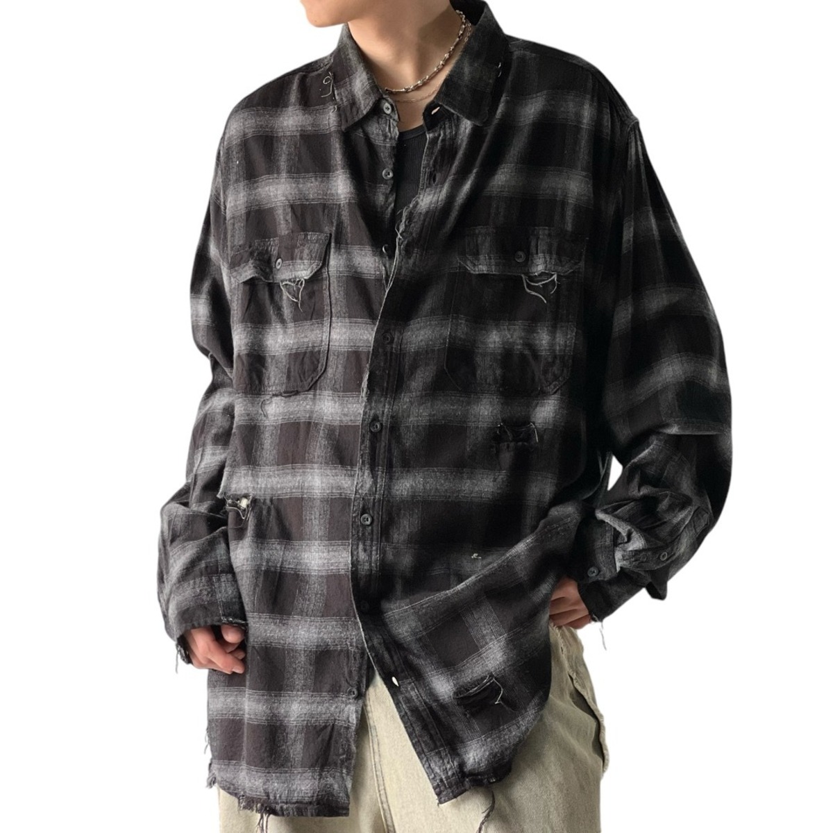 【GEORGE】 "Distressed Design" Monotone Ombre check shirt / size2XL ...