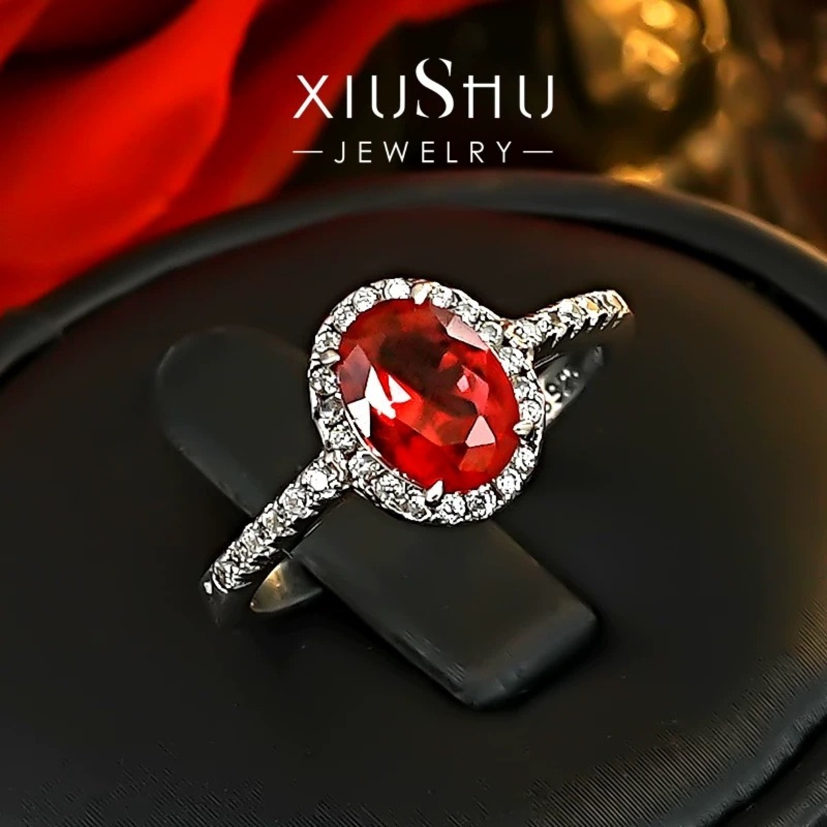 2カラット 人工ルビー オーバル 高炭素ダイヤモンド キラキラ ゴージャス ヘイローリング ラグジュアリー レッド 赤 | キラキラゴージャスジュエリーのXIUSHU(シュシュ)