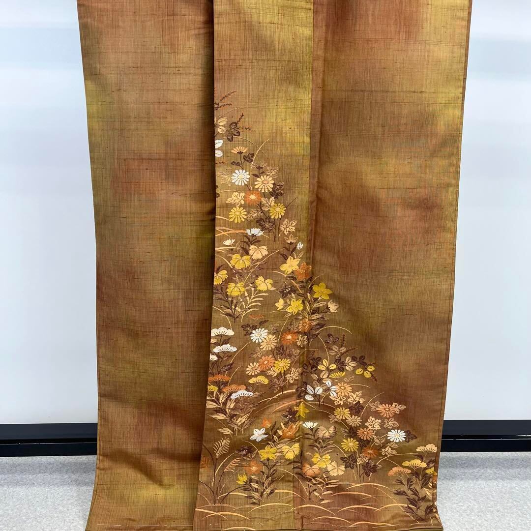 付下げ 紬 織の花模様 菊 萩 撫子 桔梗 松 暈し 肉柱色 K-3738 付下げ 紬 織の花模様 菊 萩 撫子 桔梗 松 暈し 肉柱色 K-3738