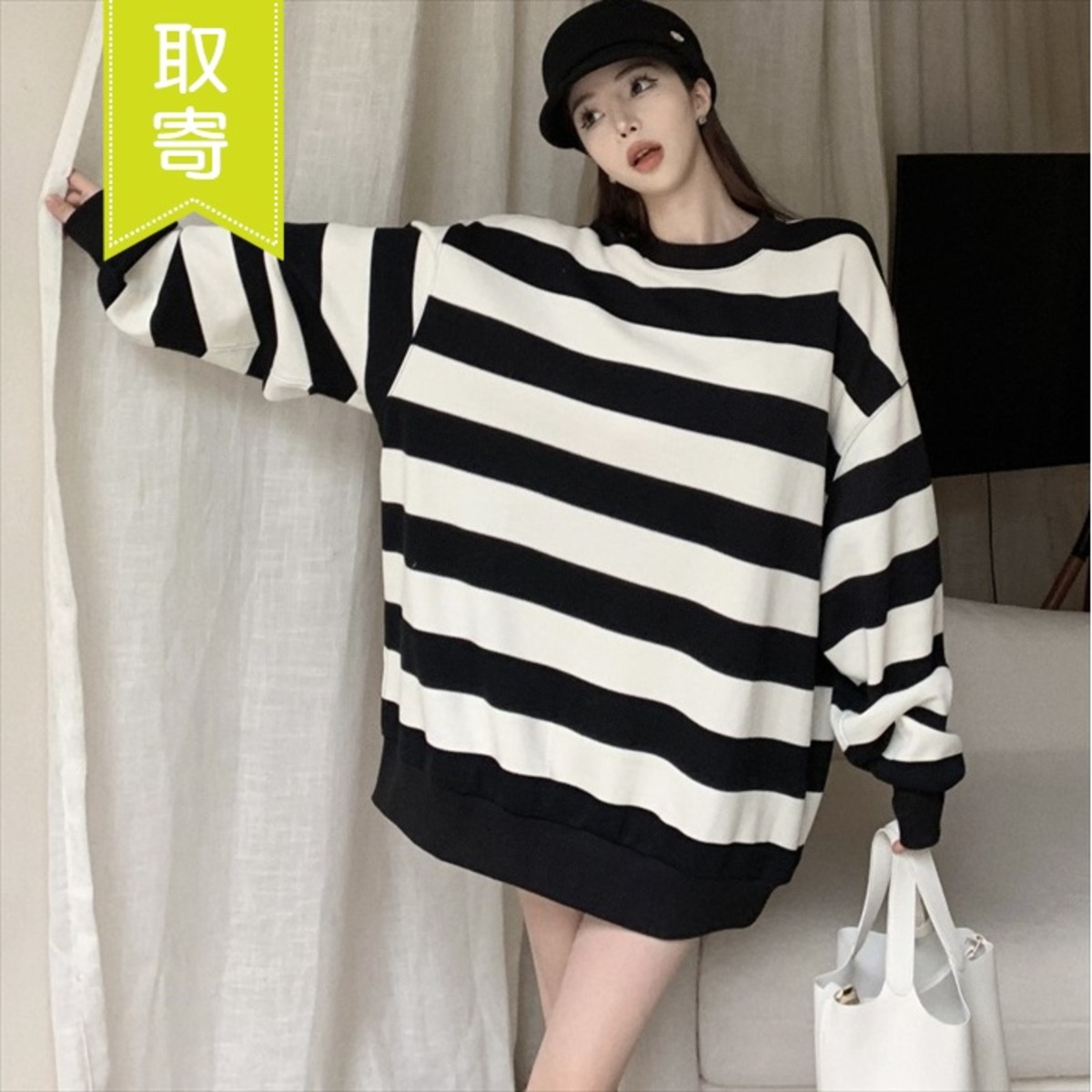 トレーナーワンピース オーバーサイズ トレーナー スウェット 太めボーダー 長袖 デート 体型カバー レディース ※【取寄：発送目安14-21 ...