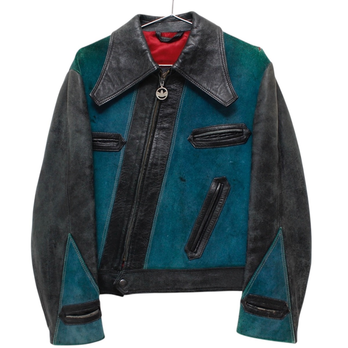 ''70s'' Turquoise Leather Jacket adidas zip | PO-TARIUM